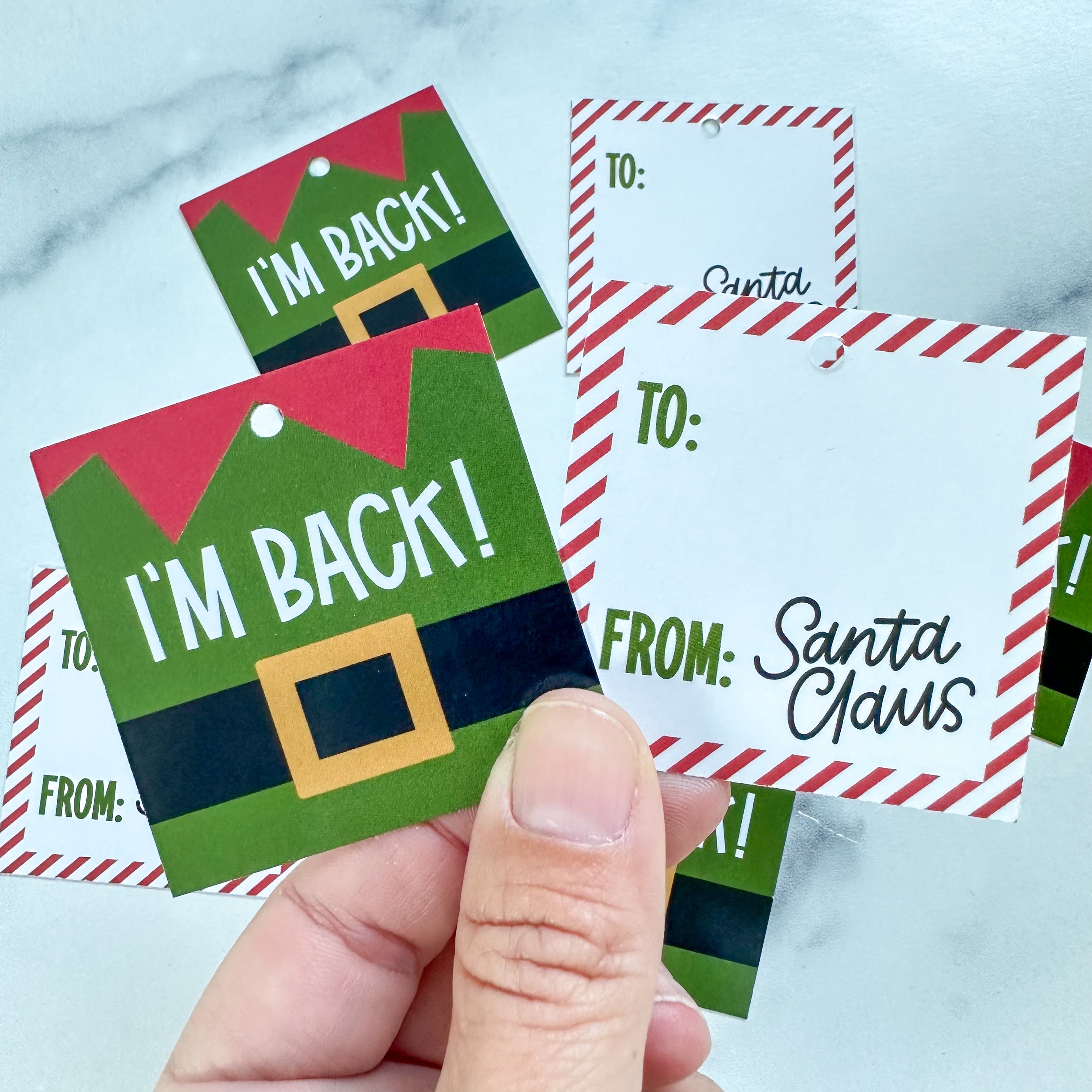 I'm Back / Elf 2” x 2” Printed Tags: Set of 25 – KaleidaCuts